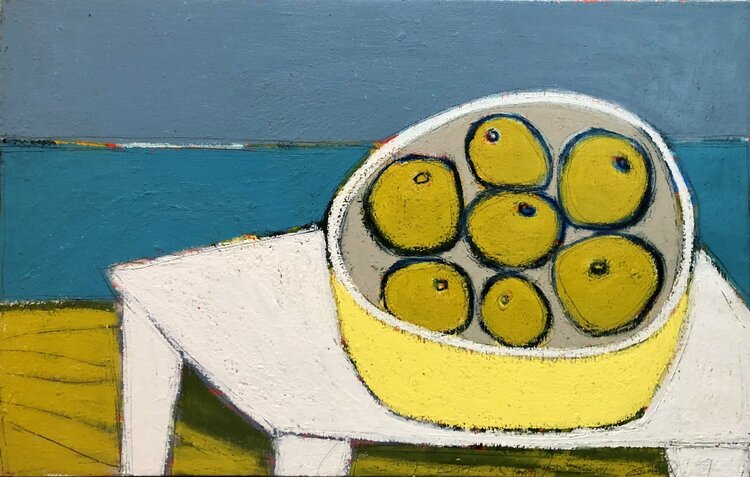 Yellow bowl with quince von Gordon HOPKINS (2019): Malerei Acryl, Öl ...