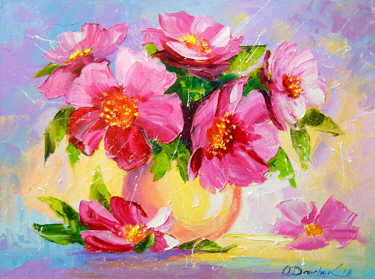 Still life with pink flowers by Olha Darchuk (2018) : Painting Oil on ...