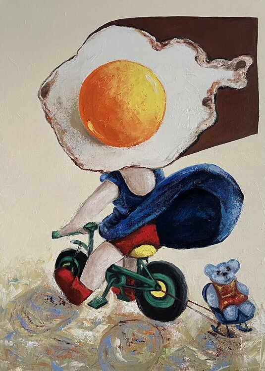 Egg girl riding her bike by Ta Byrne (2022) : Painting Oil on Canvas ...