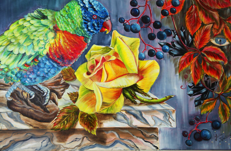 Still life with Parrot, yellow rose and strange eyes. Wild black grape ...