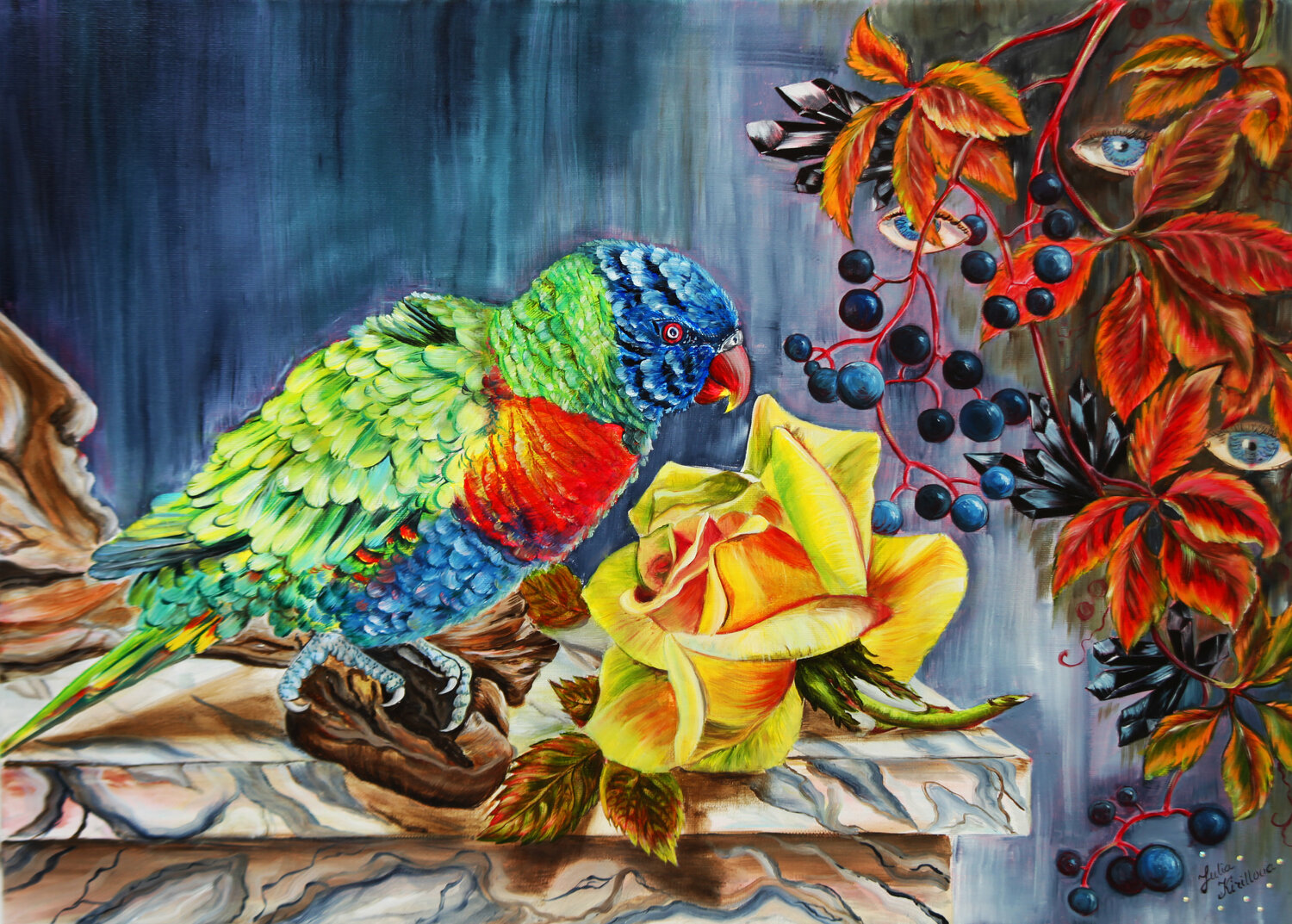 Still life with Parrot, yellow rose and strange eyes. Wild black grape ...