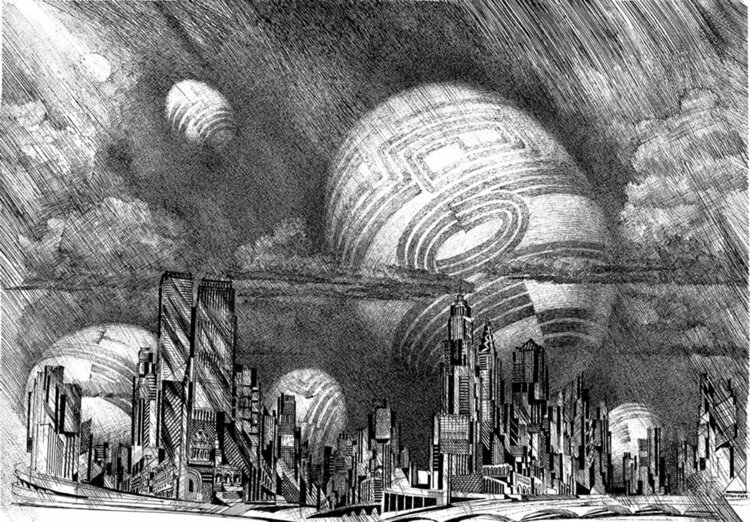Fantastic Alien City Black and White Drawing by Alex Lopatkin (2017 ...