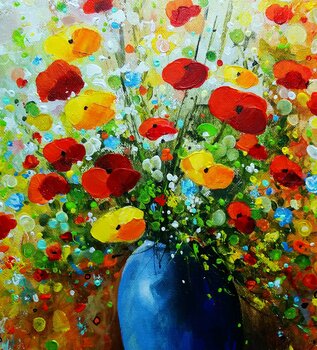 Fleurs rouges au vase bleu de Eric Bruni (2021) : Peinture Acrylique ...