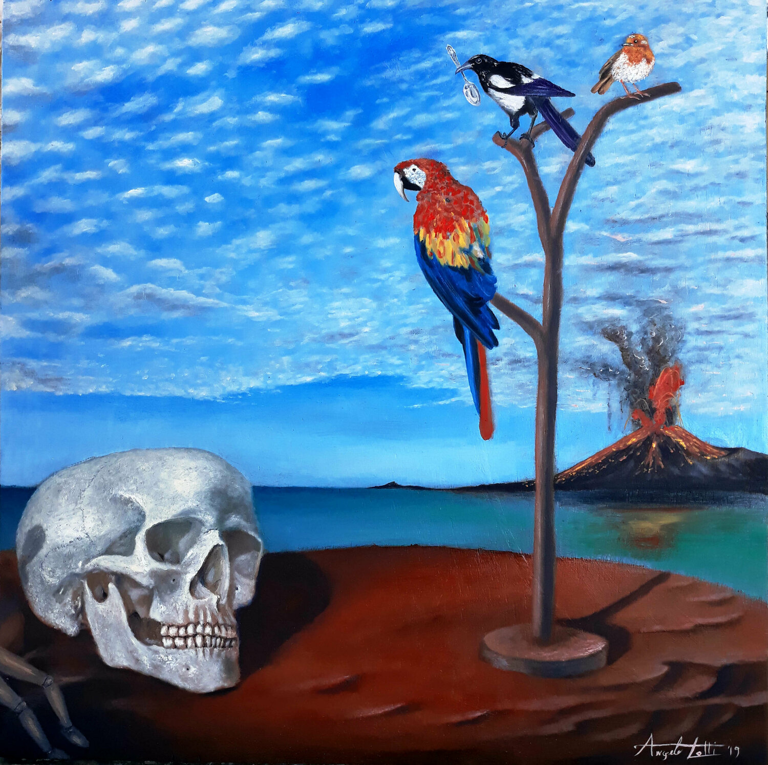 Tre uccelli ammirano un teschio mentre il Krakatoa Indonesiano esplode ...